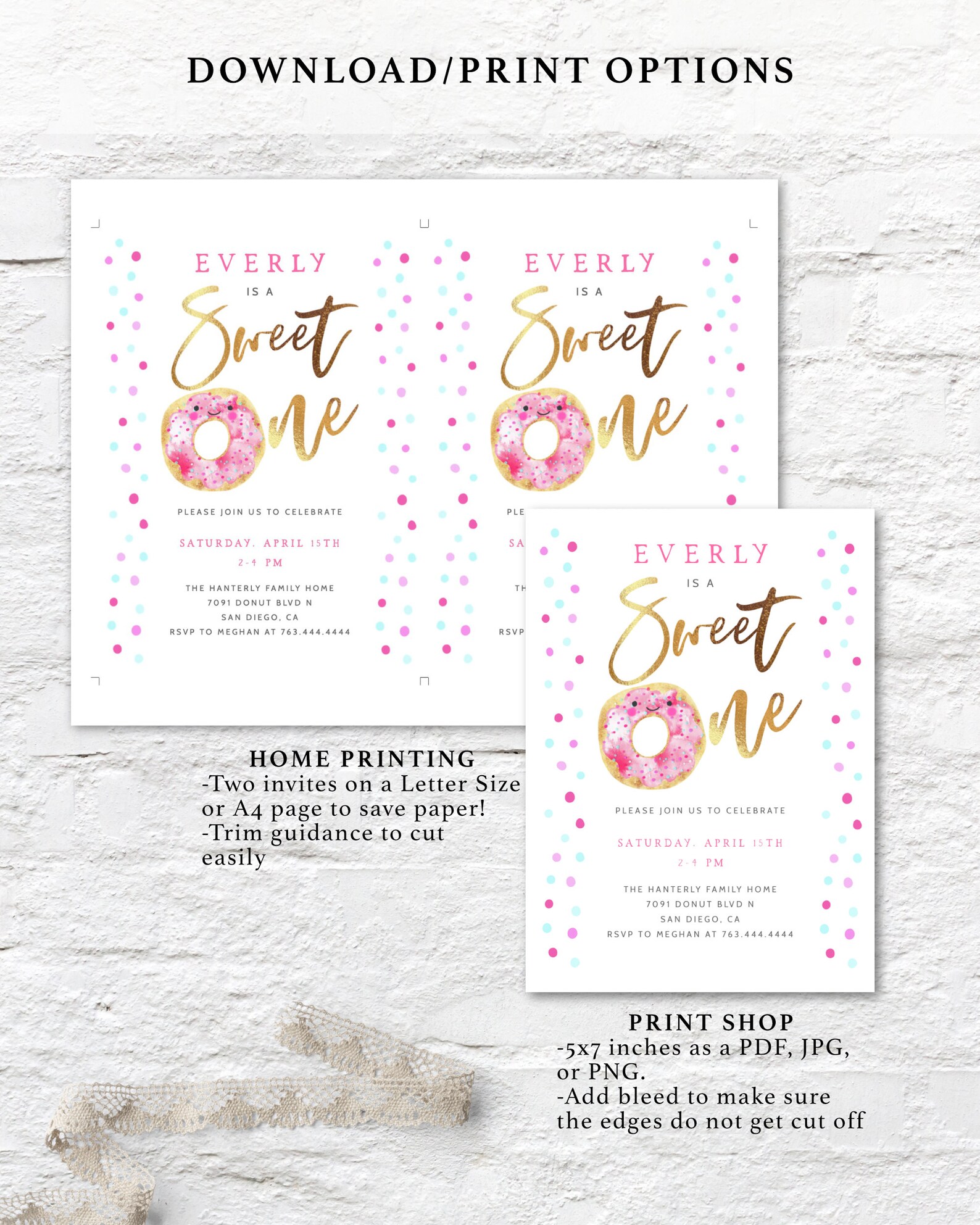 Printable Sweet One Donut Birthday Party Invite, Girls 1st Birthday ...