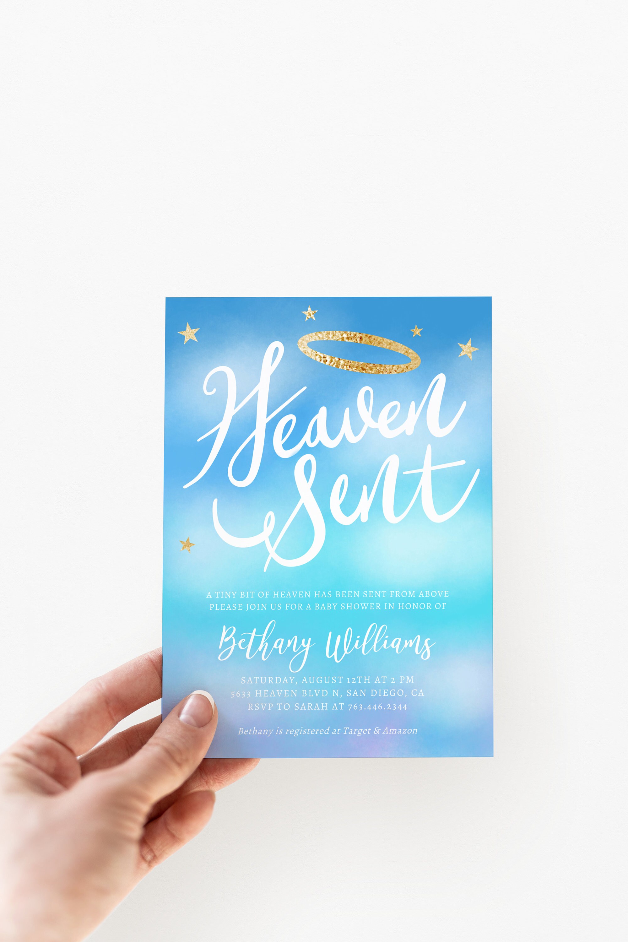 Heaven Sent Baby Shower Invitation | Boy Baby Shower Invite | Angel ...
