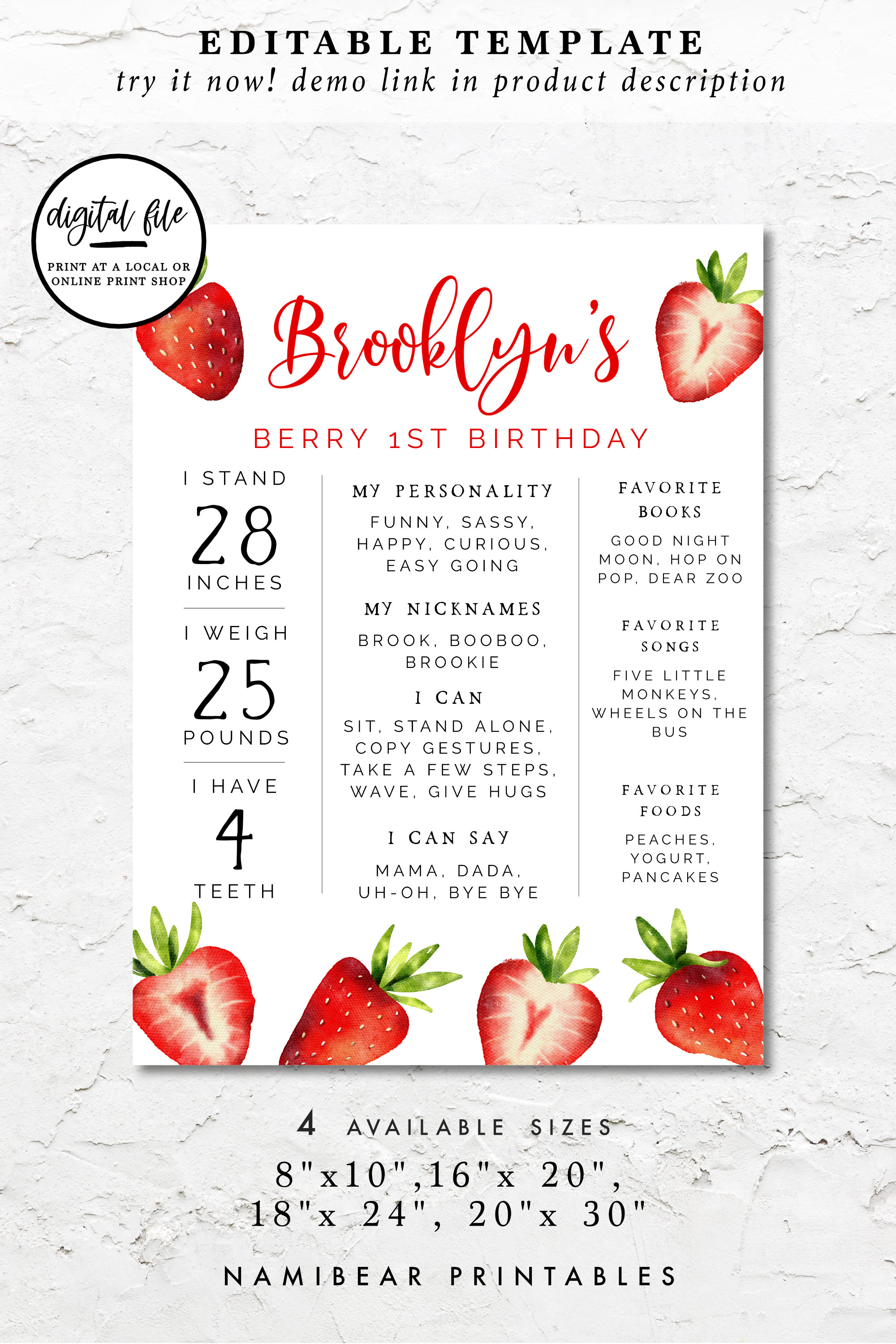 Strawberry Birthday Milestone Board | Berry First Birthday | Instant ...