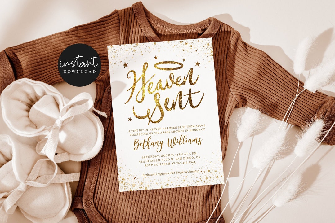 Heaven Sent Invitation | Baby Shower Invite | Gender Neutral | Gold ...