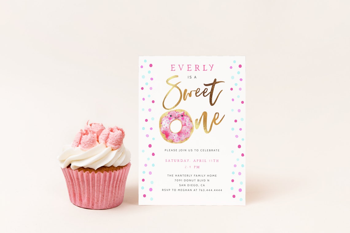 Printable Sweet One Donut Birthday Party Invite, Girls 1st Birthday ...