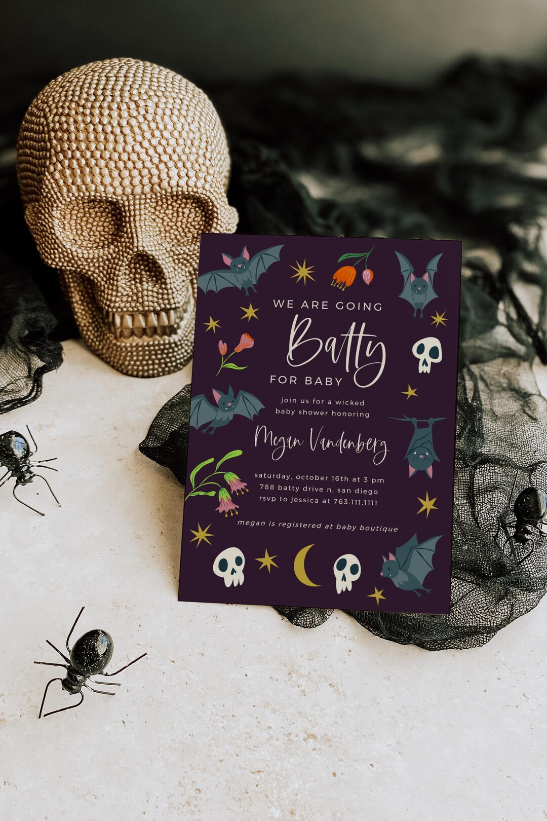 Batty for Baby Shower Invitation | Halloween Invite | Bat Baby Shower ...