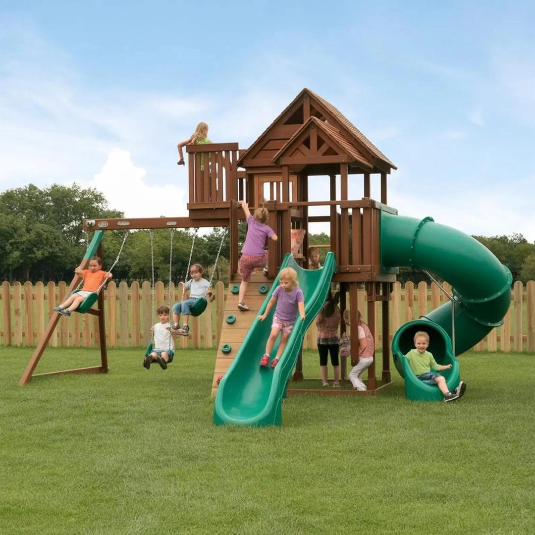 Cedar Wood Outdoor Playset - Clubhouse With Roof & Balcony, Spiral Tube ...
