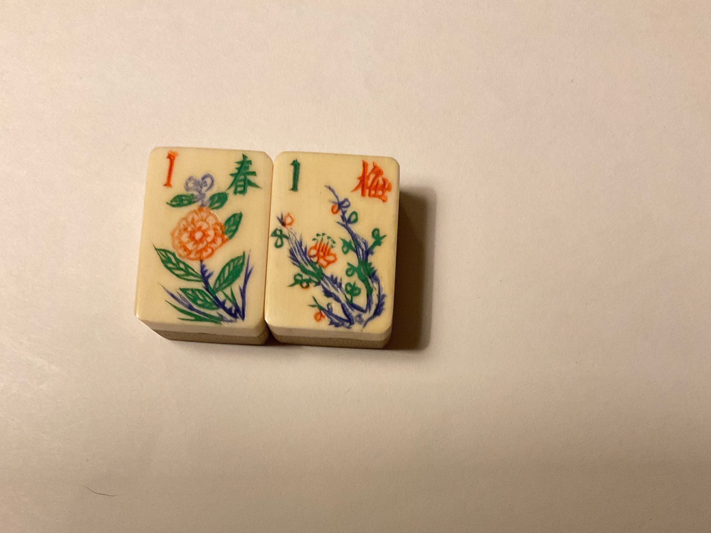 Vintage Mahjong Dovetailed Bomboo & Bone Plum Flower 1 - Set Of 2