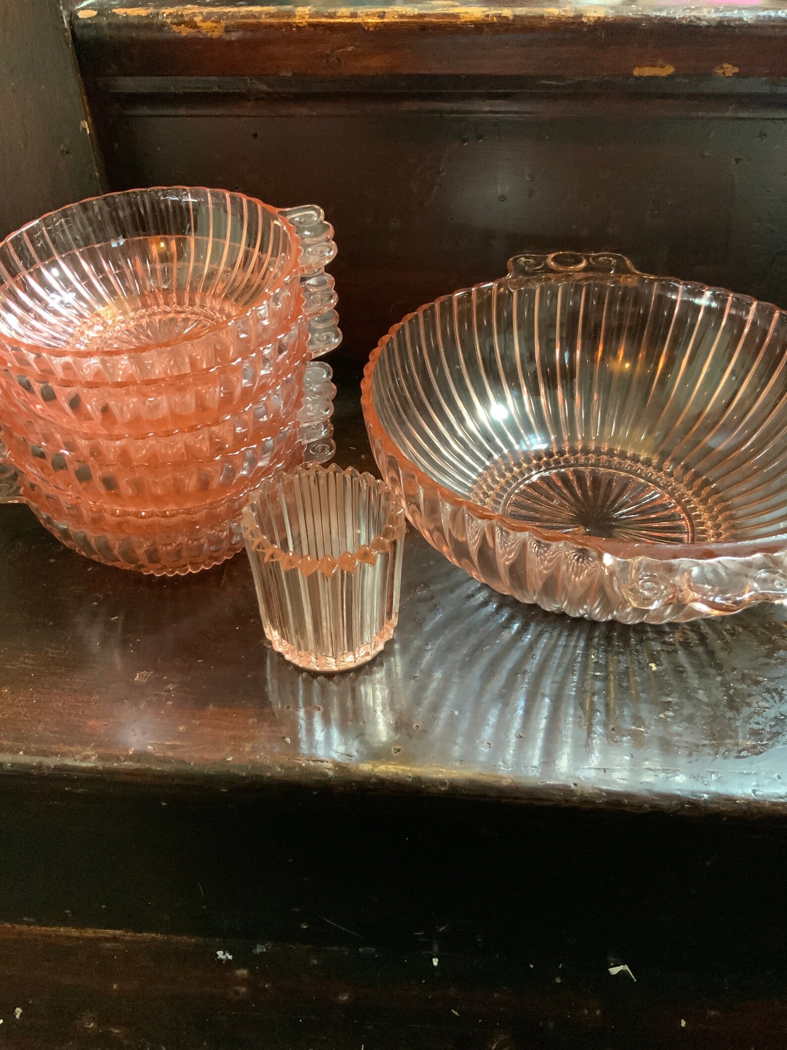 Vintage 8 Pink Depression Glassware Handled Ribbed Fruit-salad Serving ...