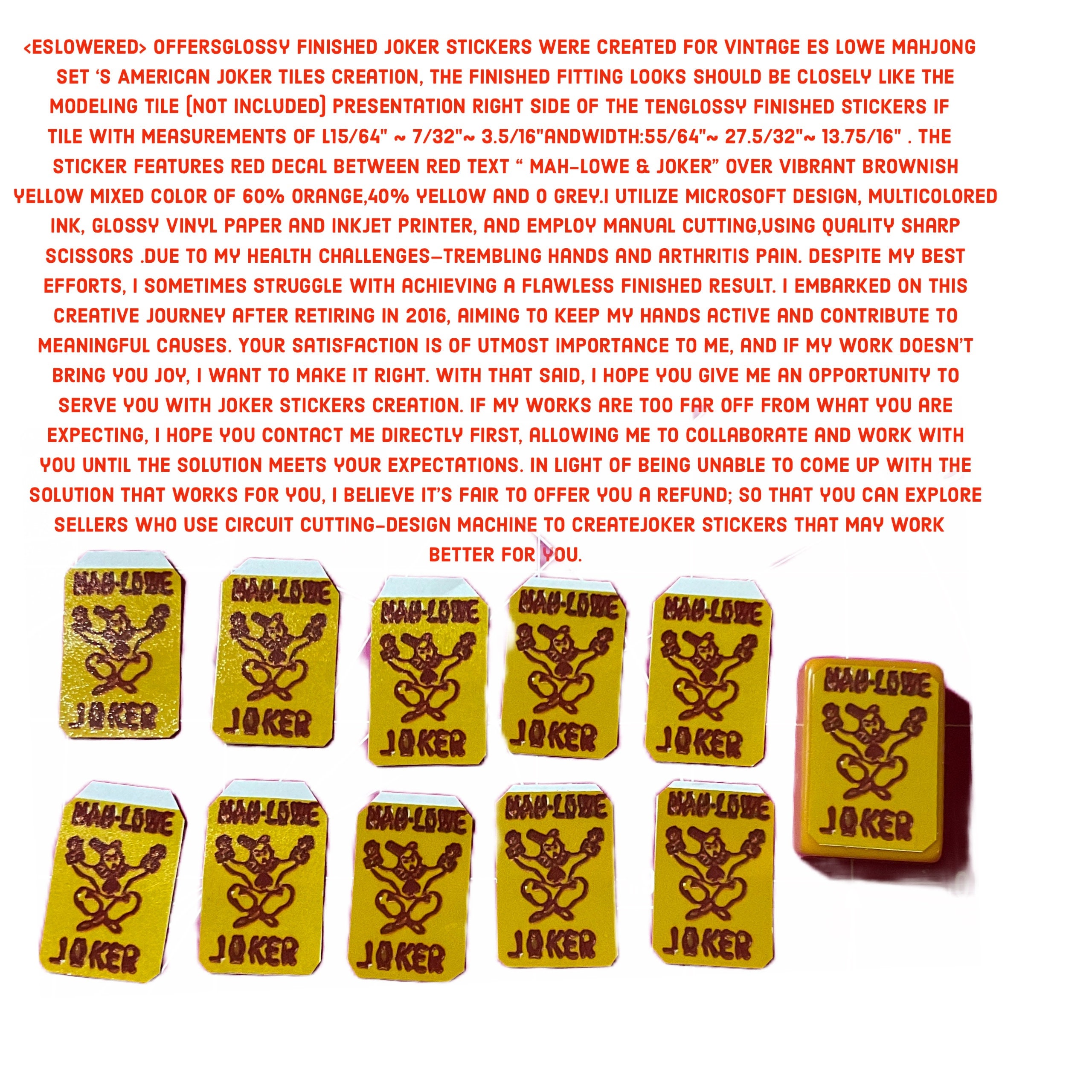 Set Of 10 Mahjong Joker Stickers Using Over Tiles Surface -L1-3/16xW13/16