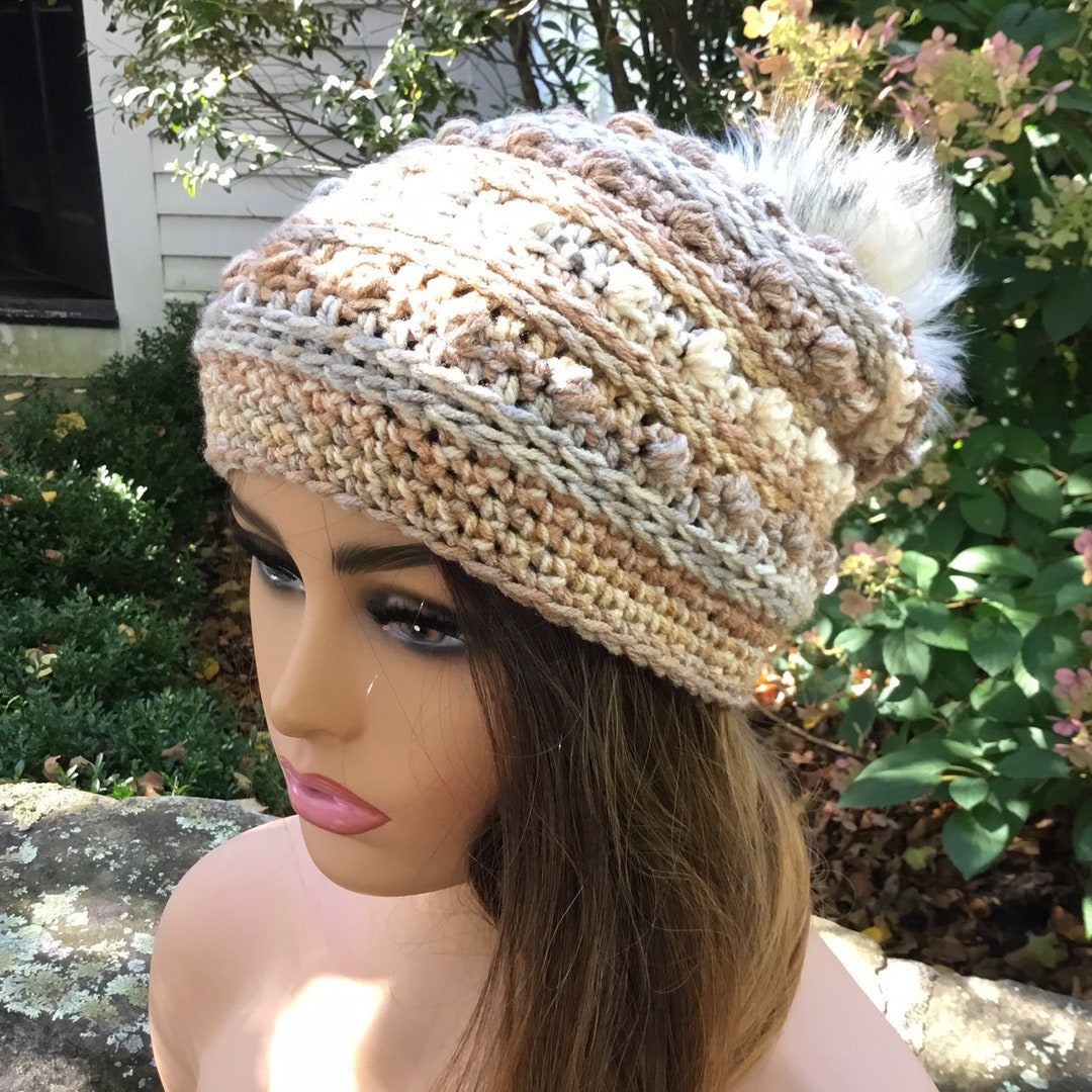 Chunky Textured Knit Hat in Beiges Browns Grays, Slouchy Hat Fur Pom ...