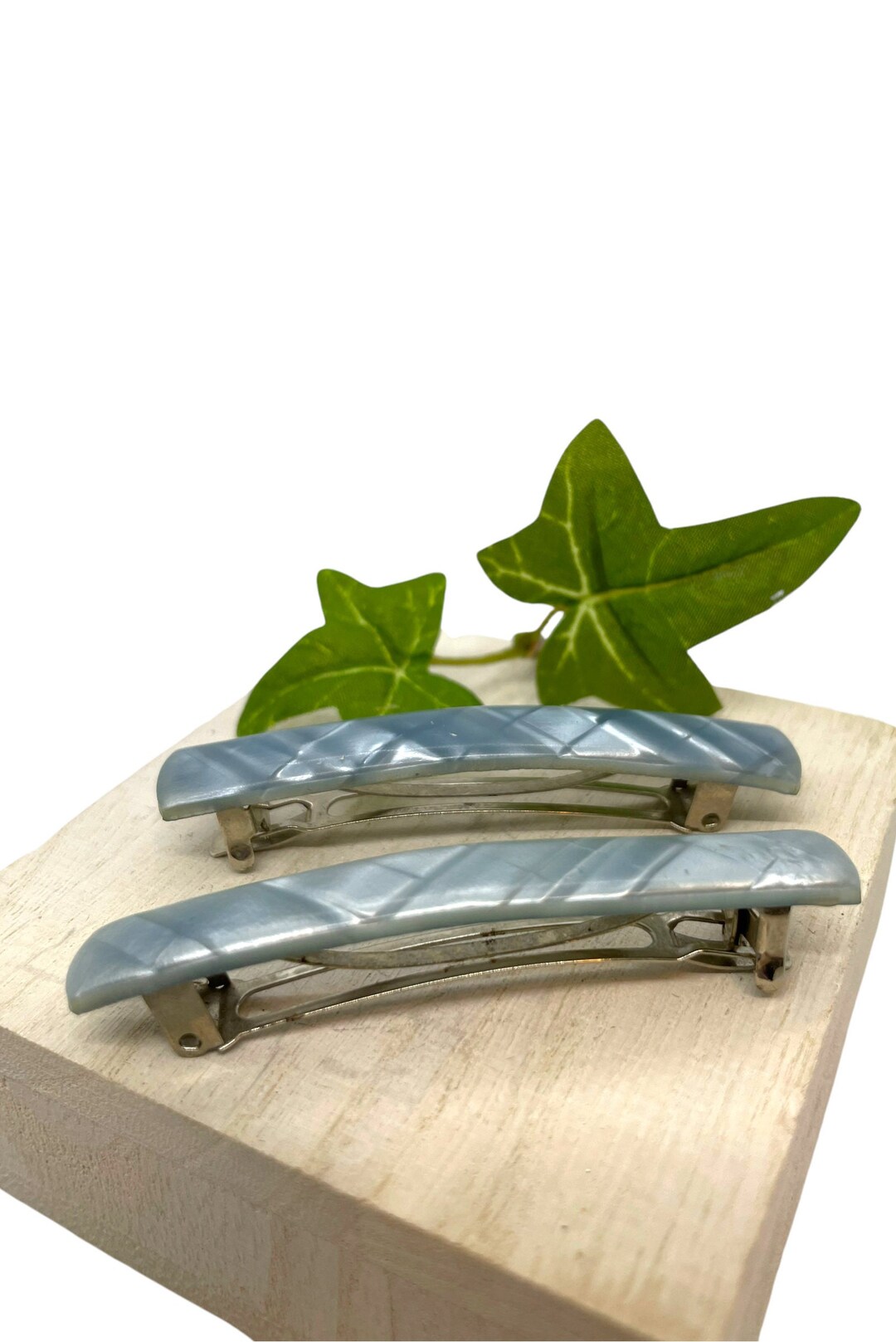 Retro Pastel Blue Lucite Hair Barrette Set Rockabilly Light Blue Plaid ...