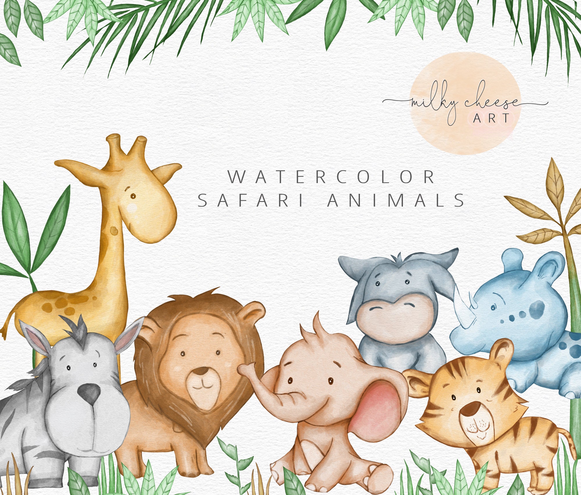 Watercolor Clipart, Watercolor Elephant Jungle Safari Animals Clipart ...