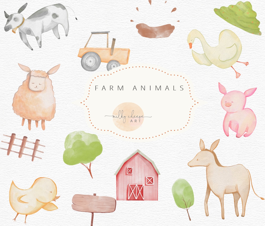 Farm Animals Clipart, Watercolor Cute Farm Digital Clipart, Nursery Art ...