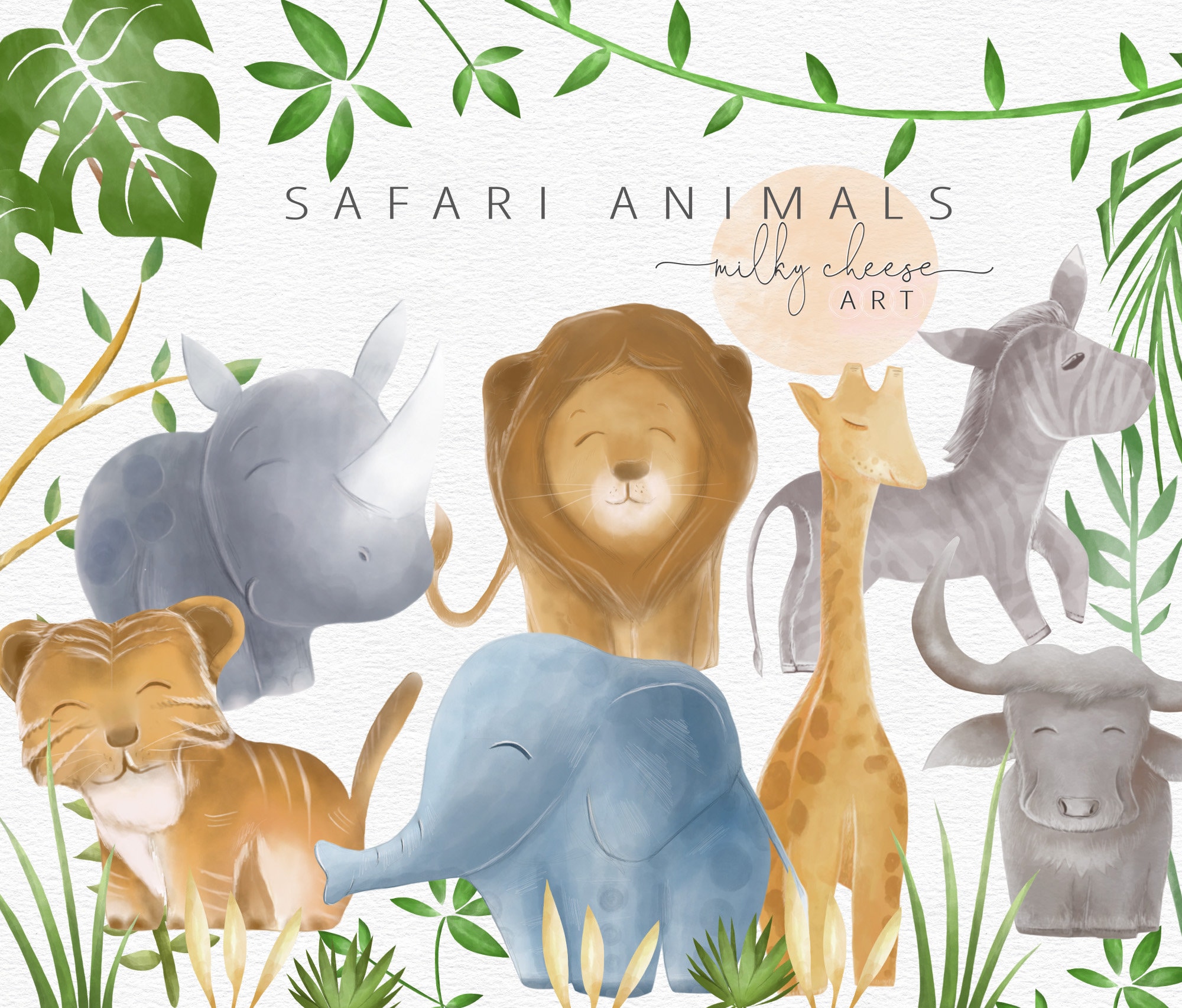 Watercolor Safari Animals Clipart Printable Clipart Nursery - Etsy