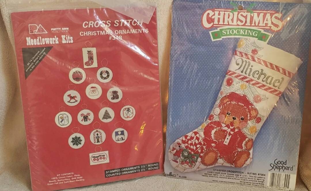 Mini Christmas Ornament Teddy Bear Stocking Cross Stitch Lot of 2 Kits ...