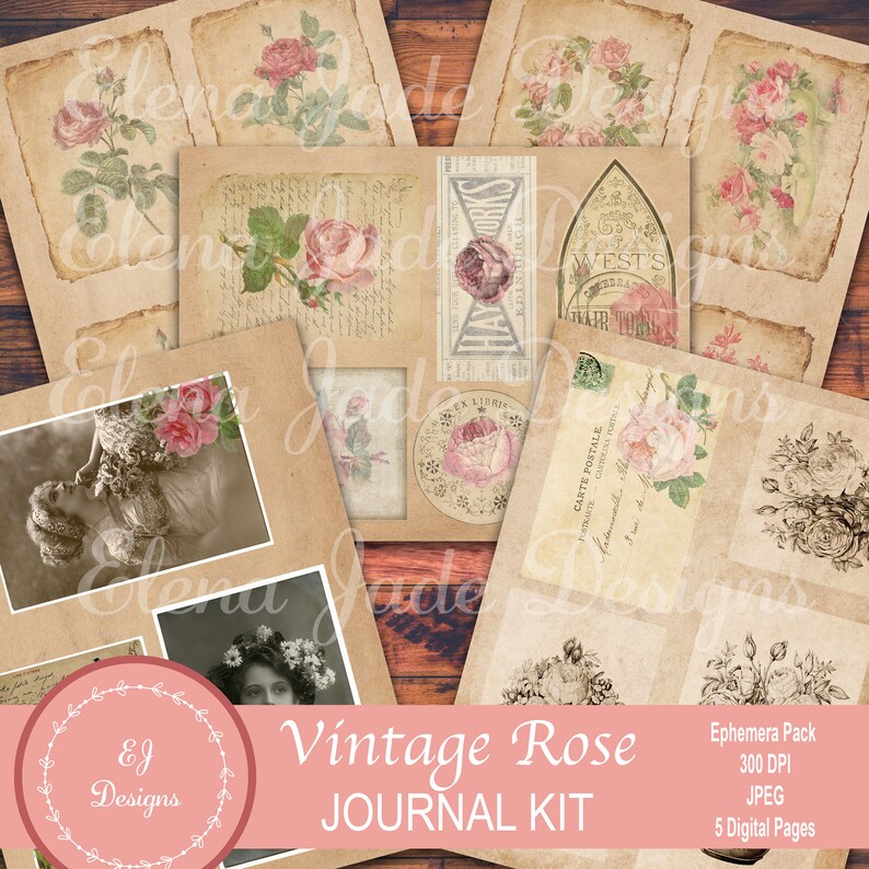 Vintage Rose Junk Journal Kit, Rose Ephemera, Floral Digital Paper ...