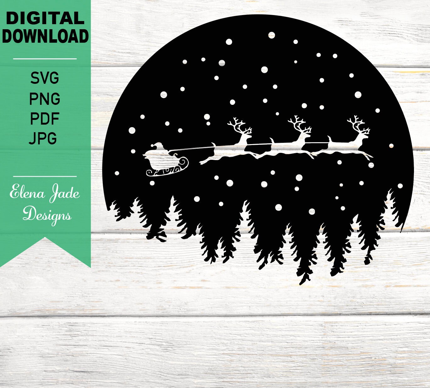 Santa's Sleigh Svg, Santa and Reindeers, Santa Flying Over Forest SVG ...