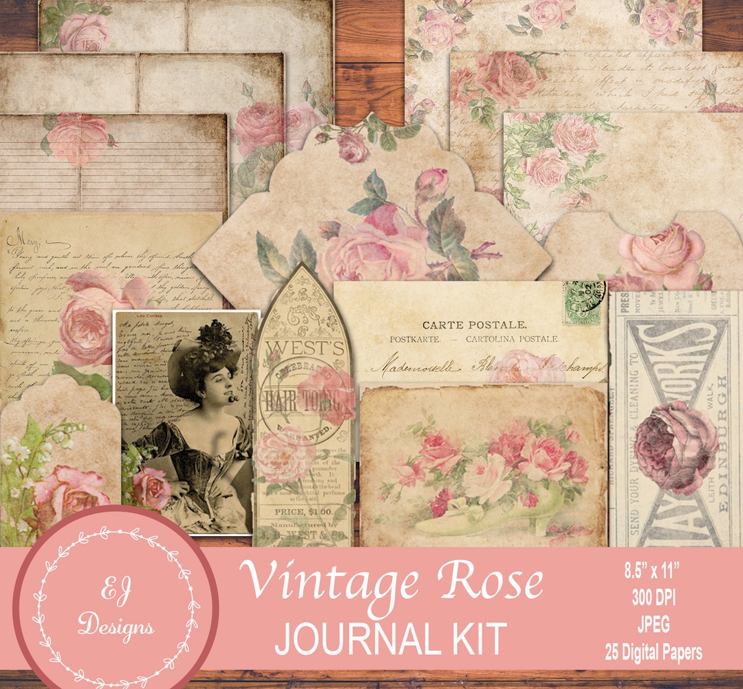 Vintage Rose Junk Journal Kit, Rose Ephemera, Floral Digital Paper ...