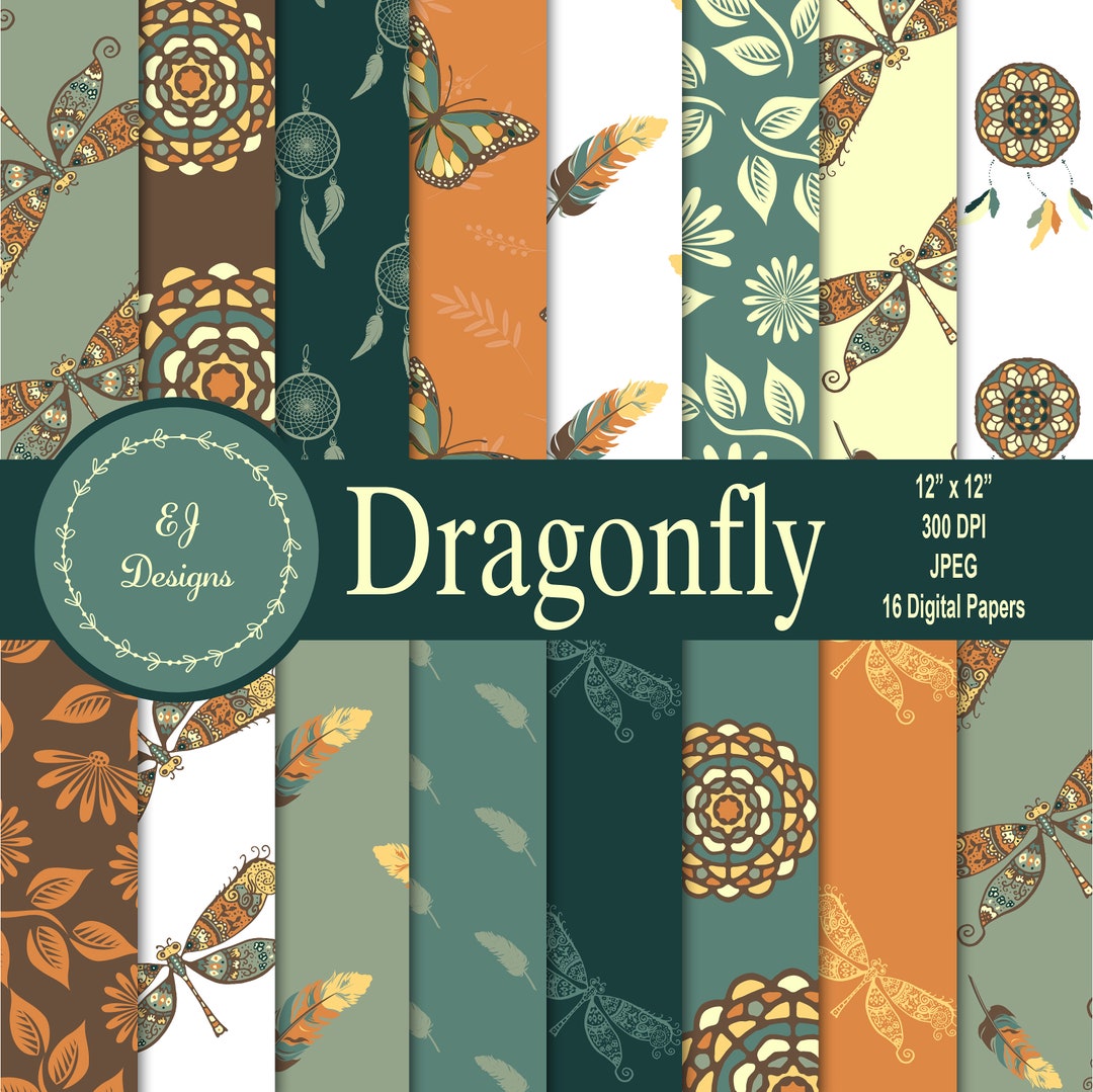 Dragonfly Digital Papers, Insects, Feather, Dreamcatcher, Boho, Autumn ...