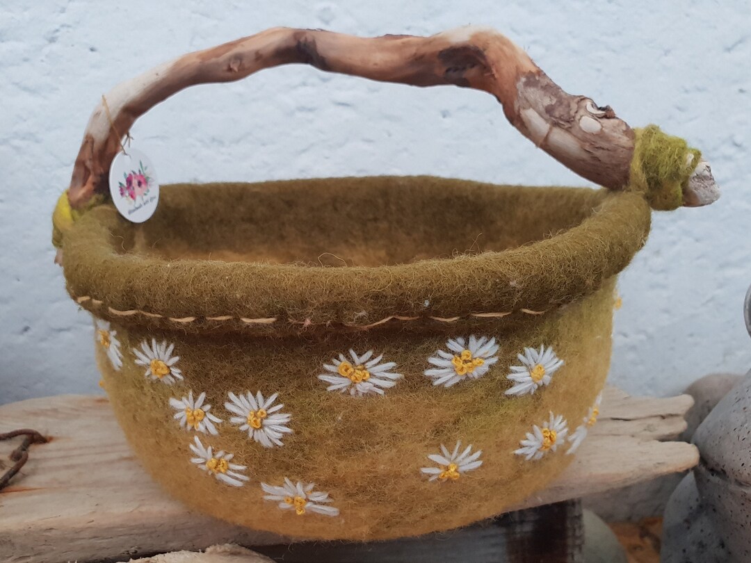 Felt Storage Basket Wooden Handle for Small Stuff Wool Anniversary Gift ...