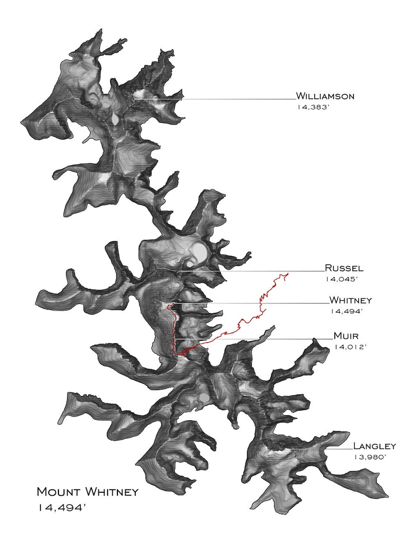 Mt Whitney Topography Poster Art Mount Whitney Map Artwork - Etsy