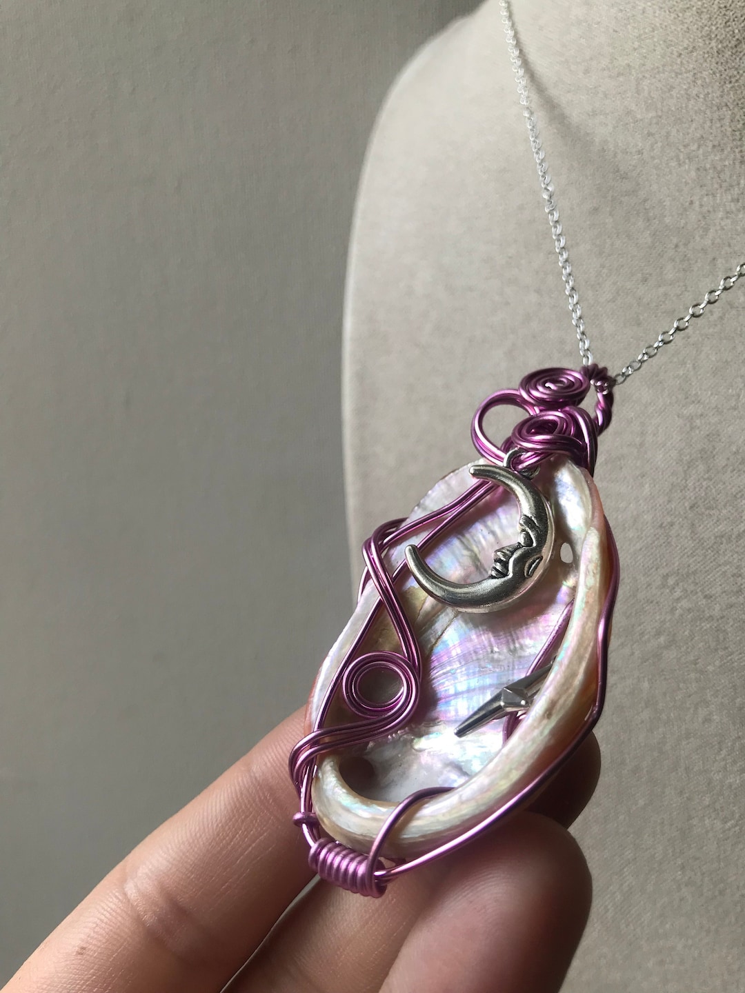 Pink Abalone Shell Necklace, Wire Wrapped Abalone Shell Necklace ...