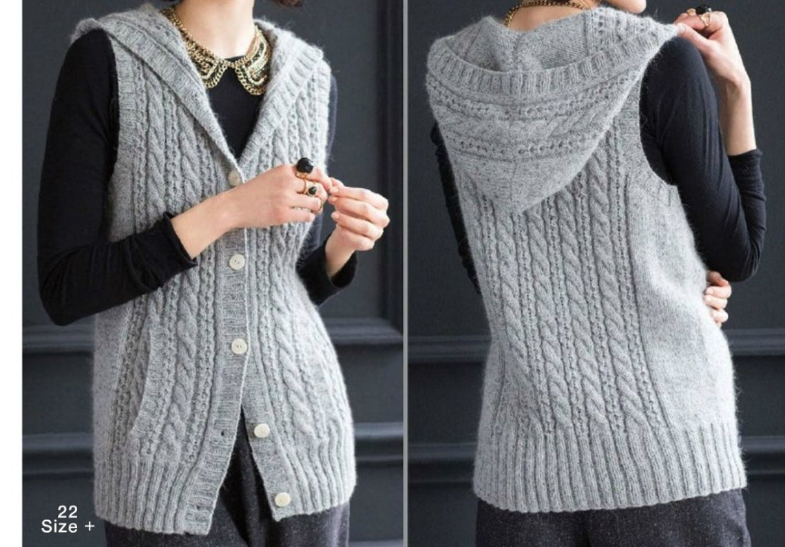KNITTING PATTERN Hoodie Vest Jacket Dk Yarn/cable Hoodie Vintage ...
