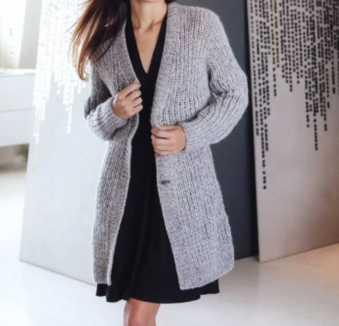 KNITTING PATTERN Easy Ribbed Coat Jacket Women Fine Sport Yarn/long ...