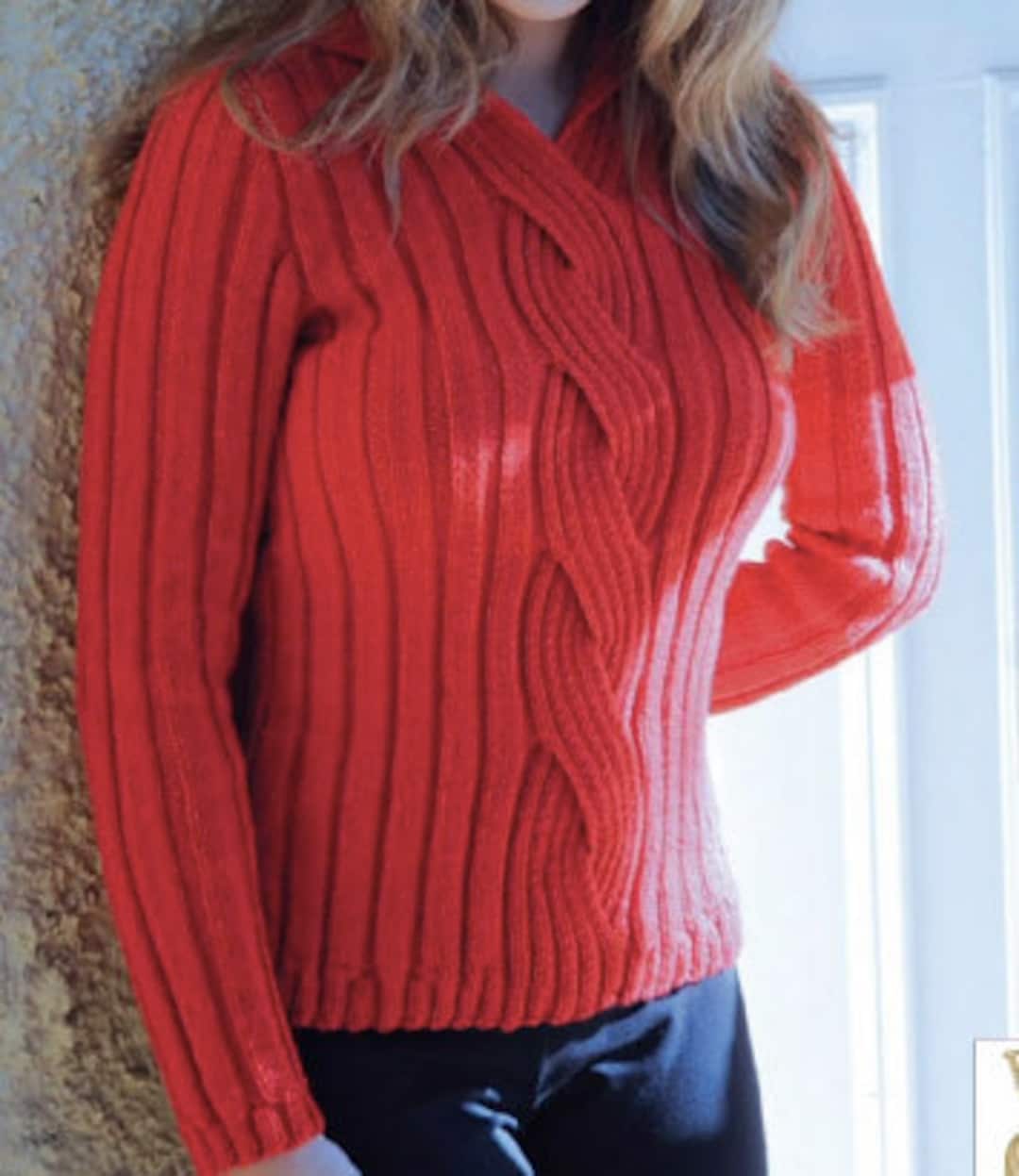 KNITTING PATTERN Cable V Neck Sweater Women/red Rib Cable Pullover Knit ...