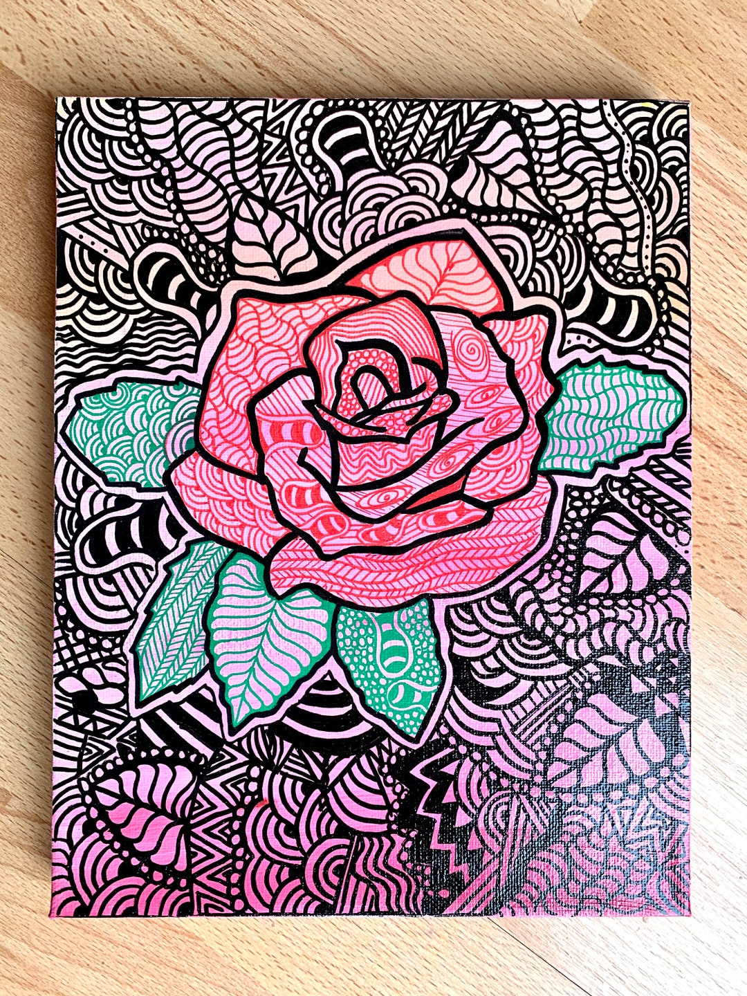 Hand Painted Zentangle Rose on Stretched Canvas With Pink Gradient ...