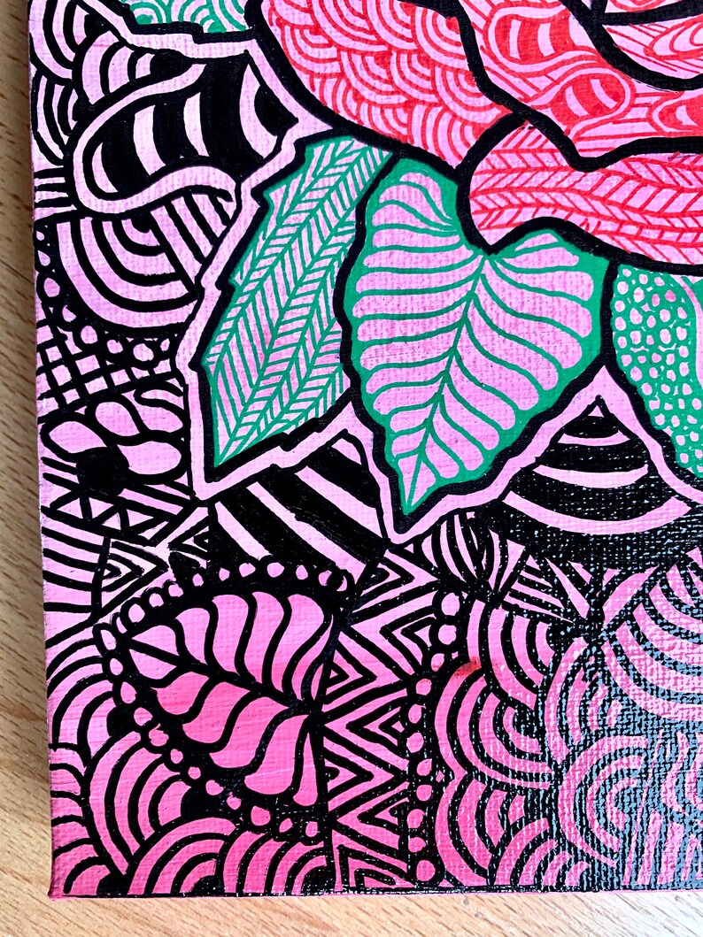 Hand Painted Zentangle Rose on Stretched Canvas With Pink Gradient ...