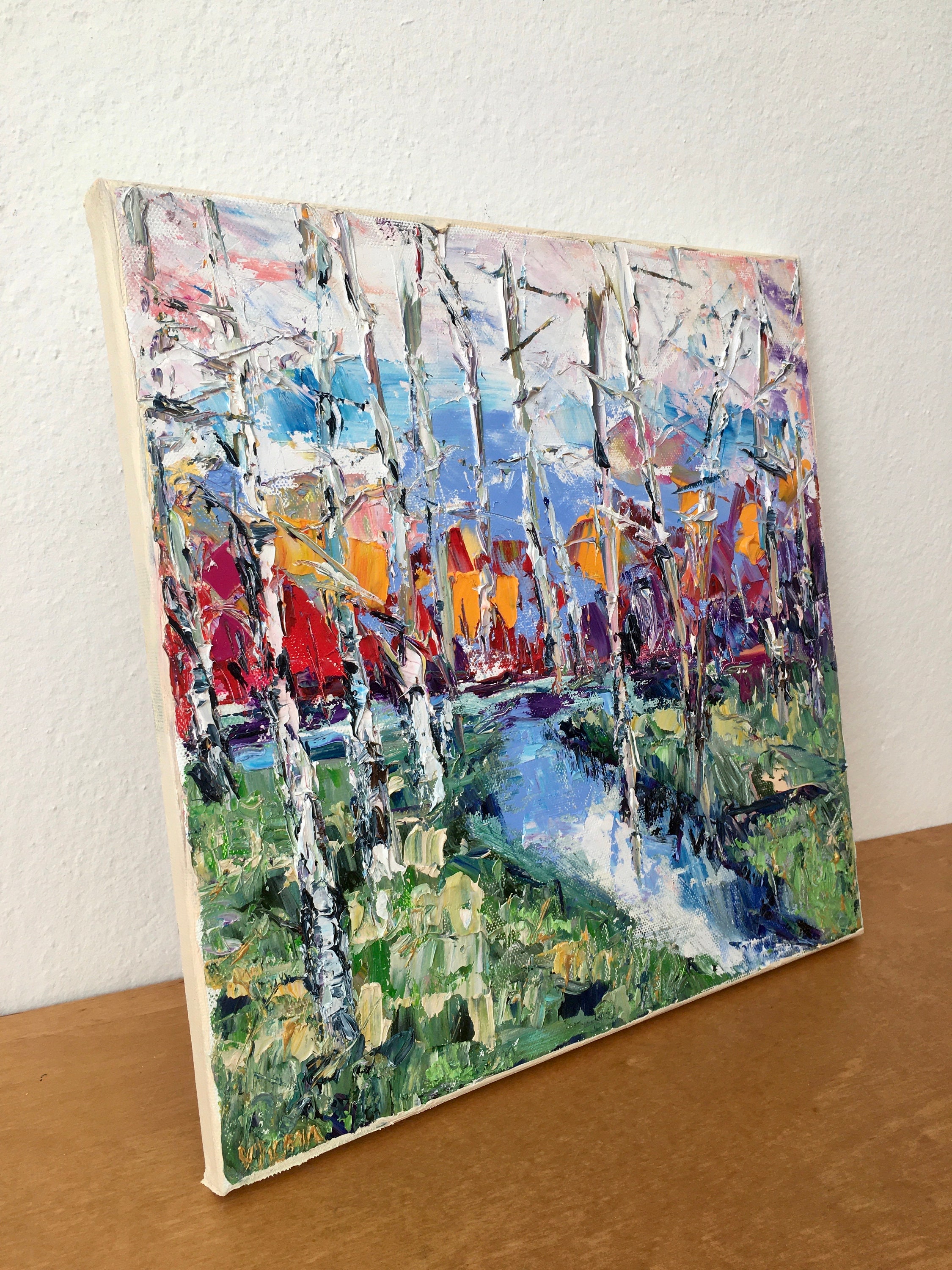Trees by River Impasto Oil Painting on Canvas Original Signed Abstract ...