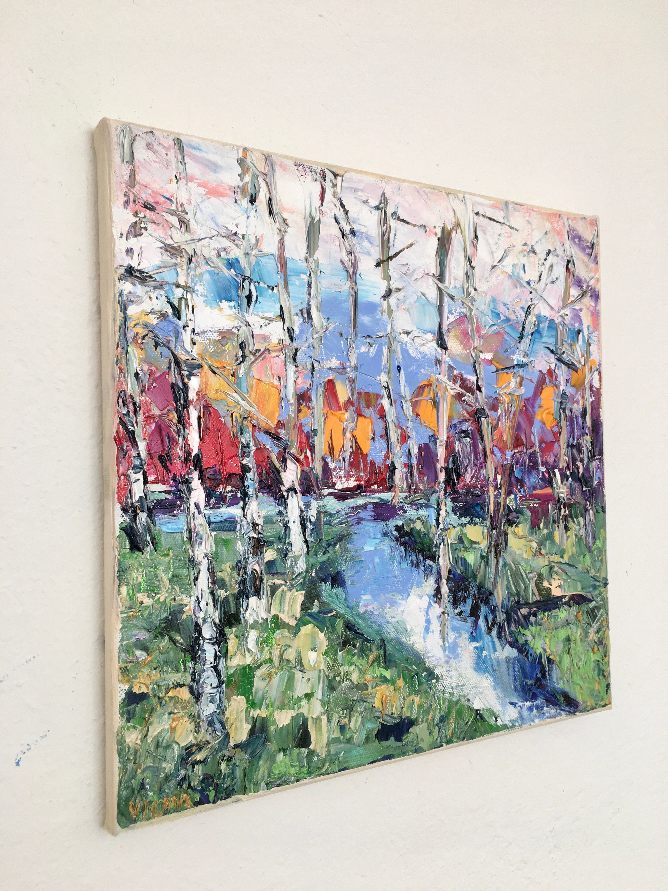 Trees by River Impasto Oil Painting on Canvas Original Signed Abstract ...