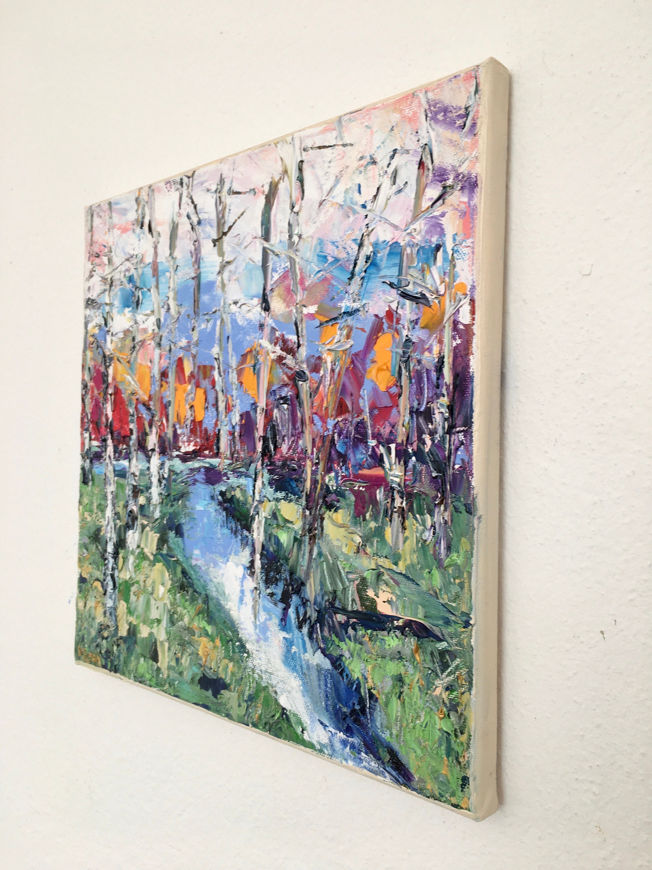 Trees by River Impasto Oil Painting on Canvas Original Signed Abstract ...