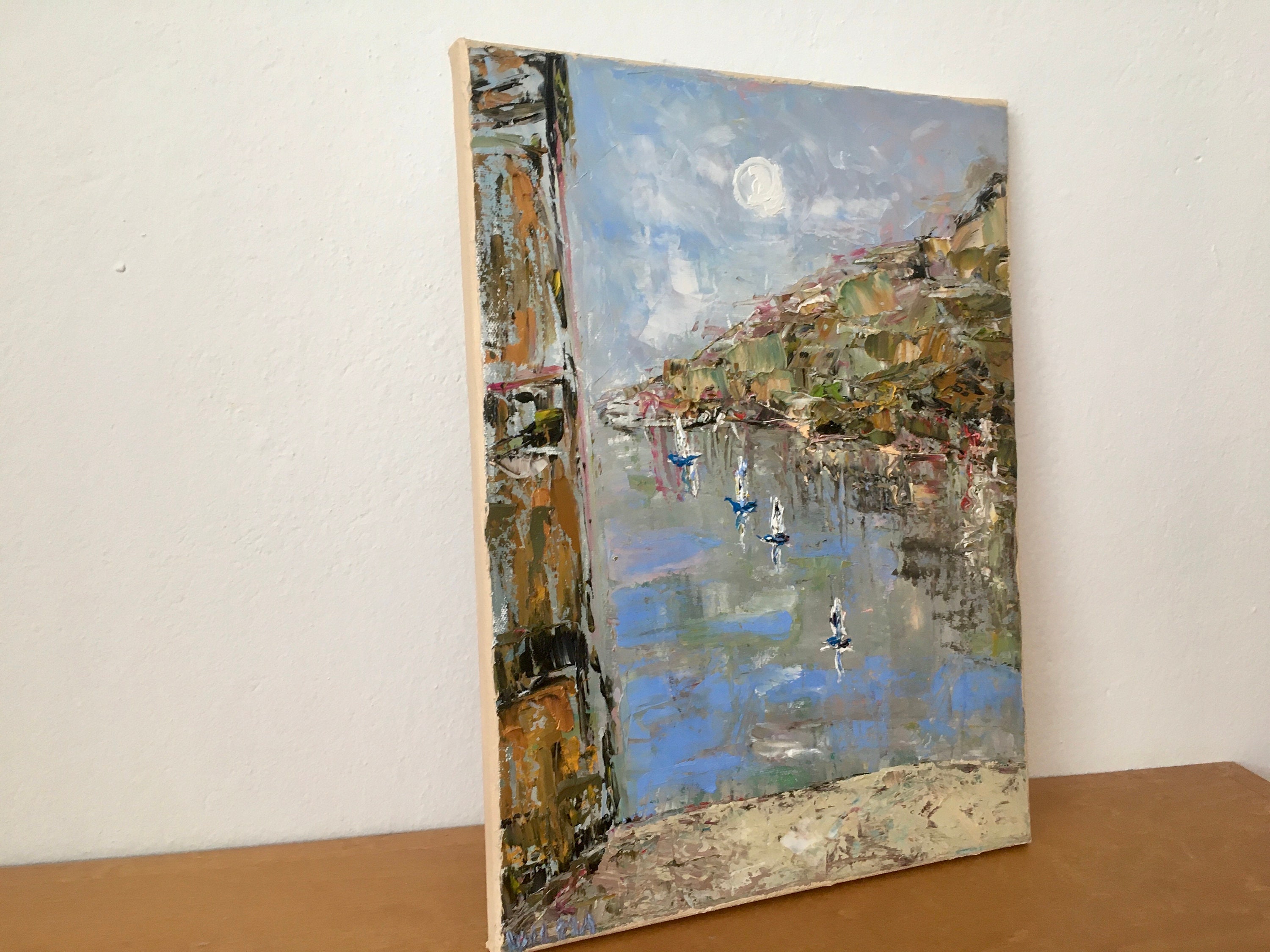 Italy Seascape Impasto Oil Painting on Canvas Original Signed Full Moon ...