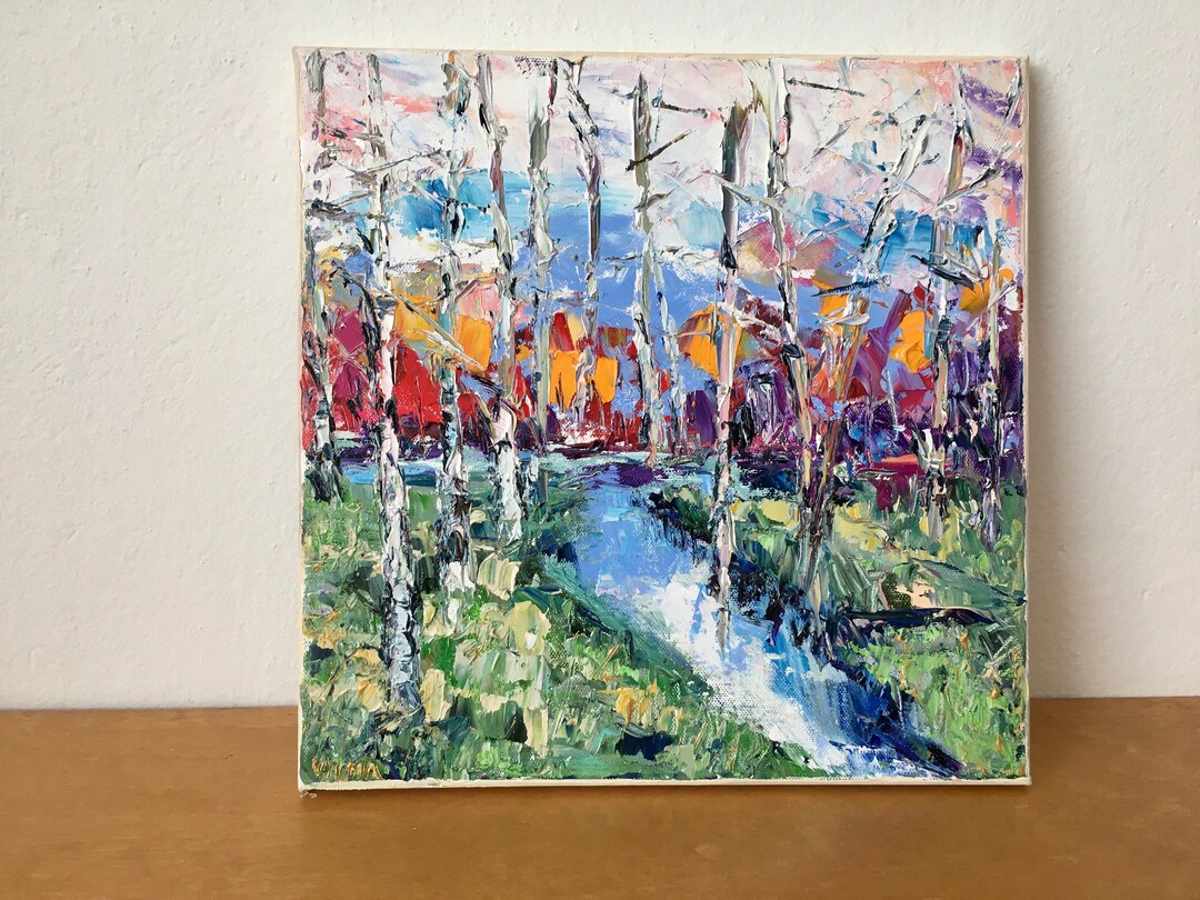 Trees by River Impasto Oil Painting on Canvas Original Signed Abstract ...