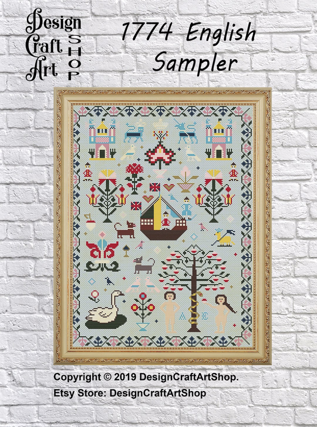 Antique 1774 English Sampler Reproduction Cross Stitch Counted Chart ...