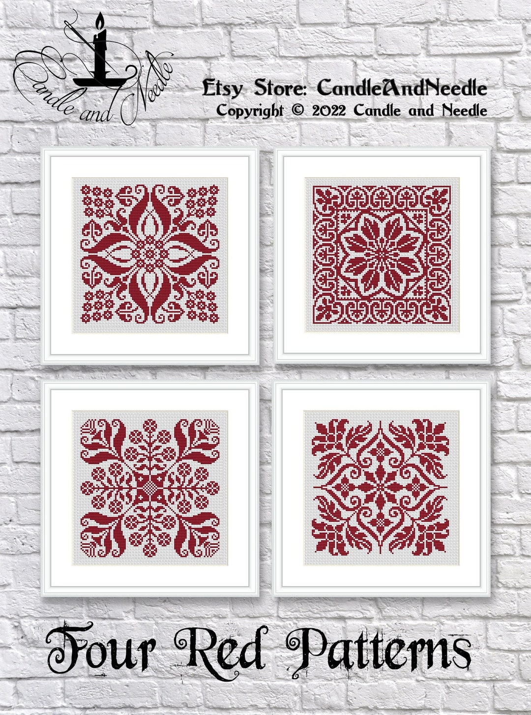 Four Red Pattern Sampler Reproduction 18th Century Cross Stitch Counted ...