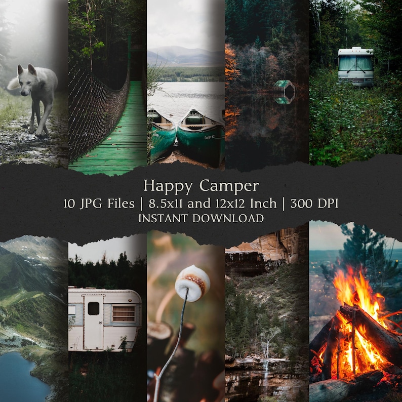 Happy Camper Digital Paper Kit 8.5x11 and 12x12 Inch, 10 Digital ...