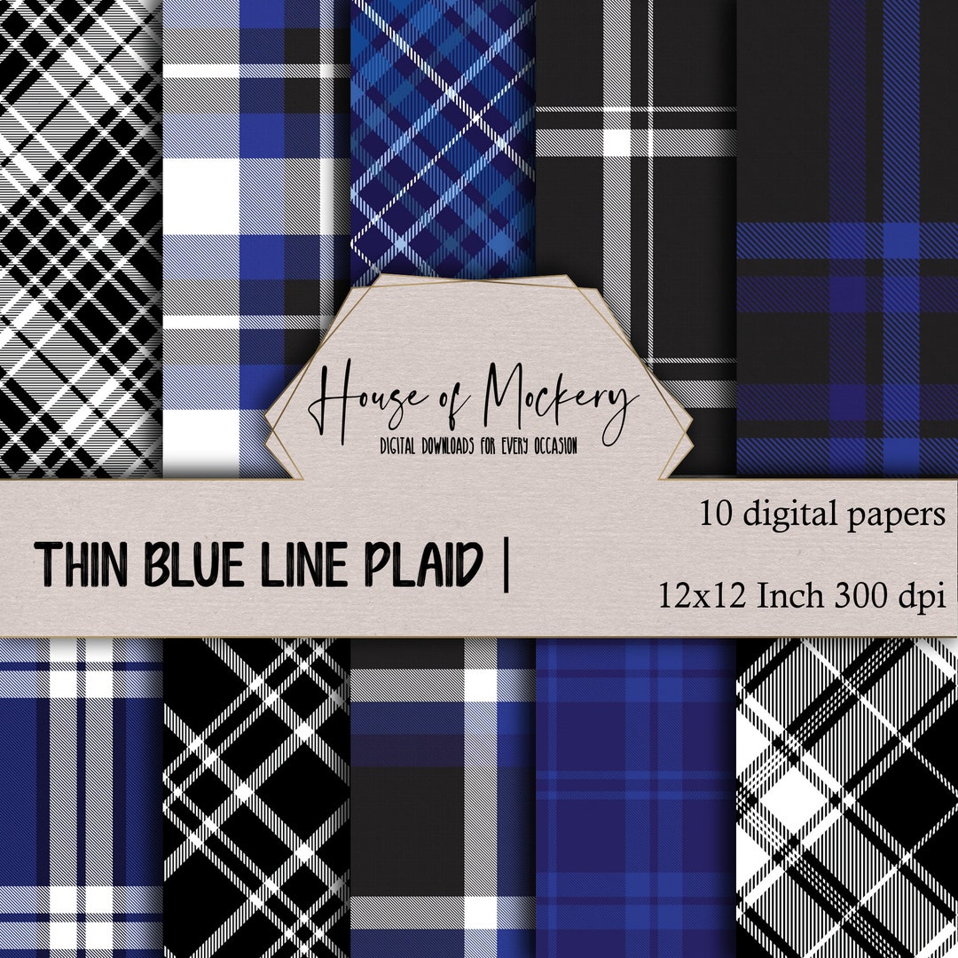 Thin Blue Line Plaid Digital Paper Kit 12x12 Inch, 10 Digital INSTANT DOWNLOAD HD Papers, Black ...