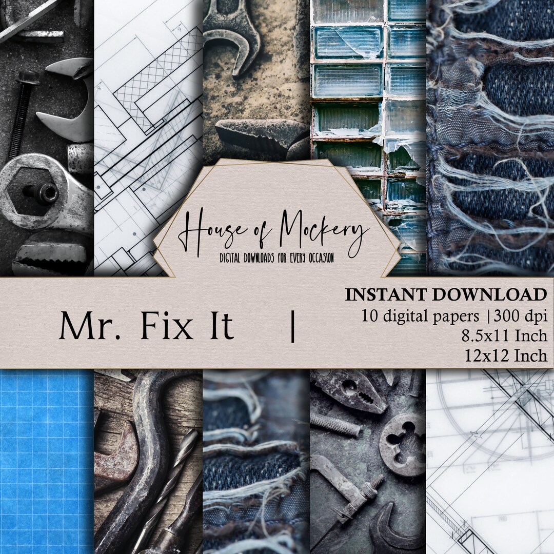 Mr. Fix It Digital Scrapbook Paper Kit 8.5x11 and 12x12, 10 Digital ...