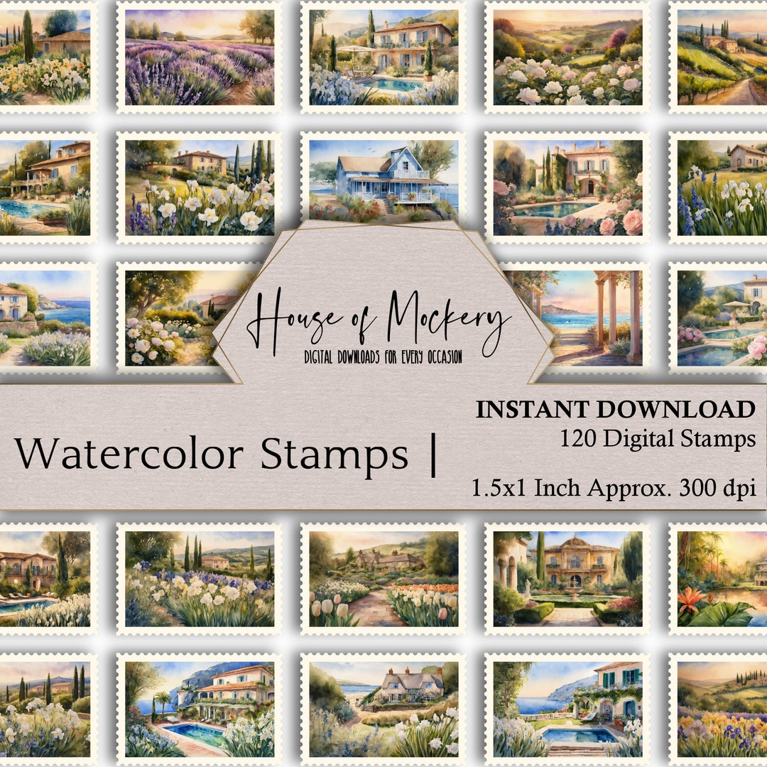 Watercolor Landscape Stamps , 120-1.5x1 Inch Digital INSTANT DOWNLOAD ...