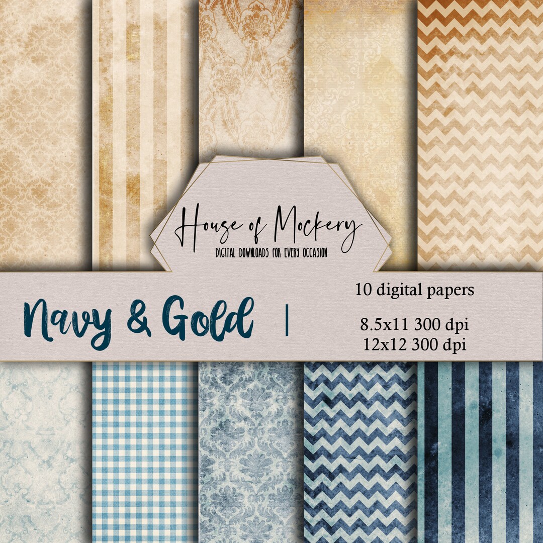 Navy & Gold Grunge Digital Scrapbook Paper Kit 8.5x11 and 12x12, 10 ...