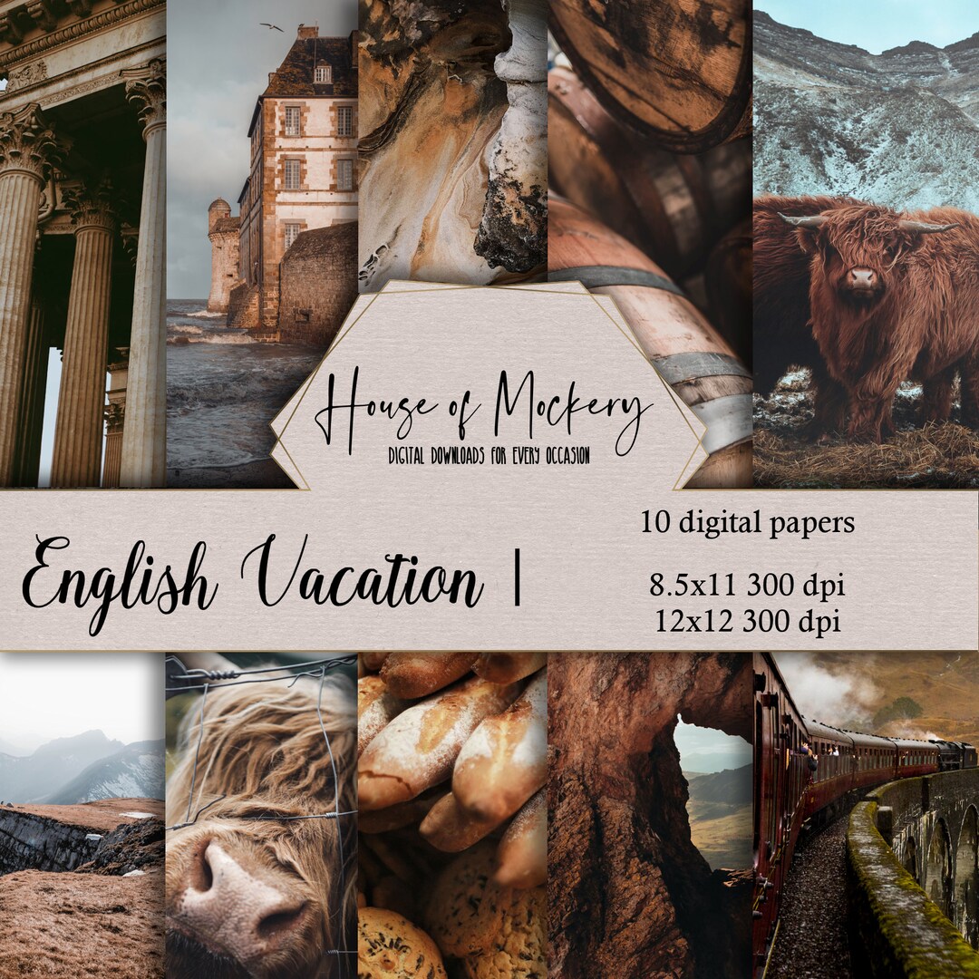 English Vacation Digital Scrapbook Paper Kit 8.5x11 and 12x12, 10 ...