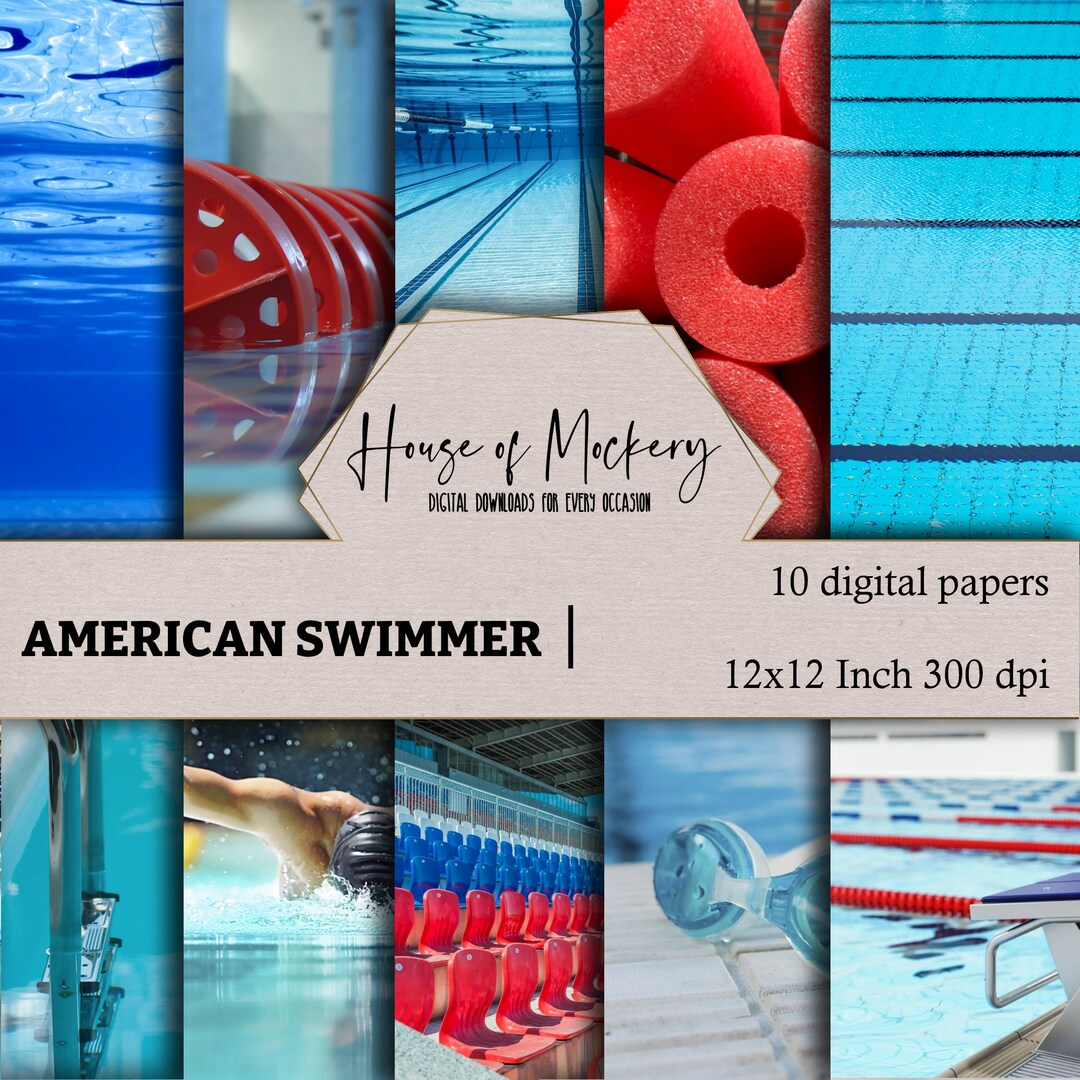 American Swimmer Digital Scrapbook Paper Kit/12x12, 10 Digital INSTANT ...