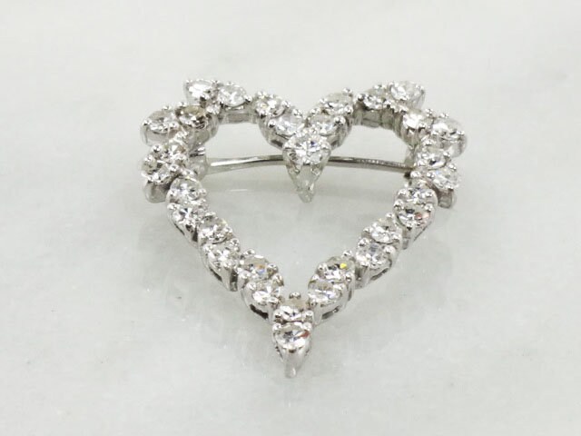 Vintage 14k Diamond Heart Pendant Pin White Gold Open Heart | Etsy