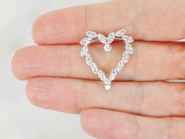 Vintage 14k Diamond Heart Pendant Pin White Gold Open Heart - Etsy