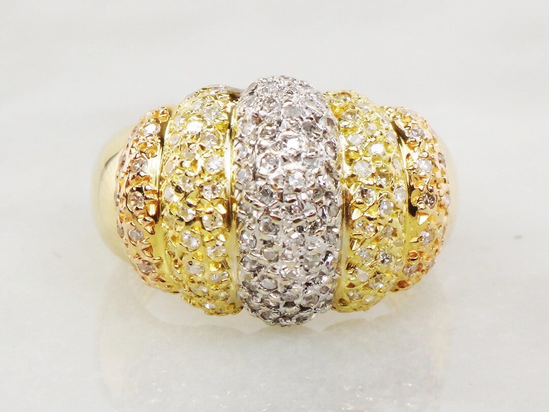 Vintage 18k Diamond Ring Tri Color Gold Diamond Cluster Ring Gold Dome ...