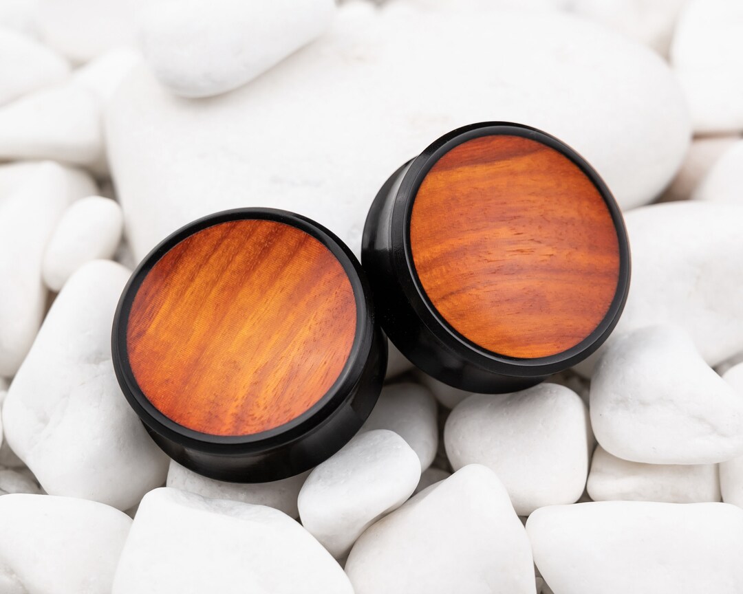 Black Ear Plugs With Chakte Viga Wood Inlaid, Ear Wood Plugs, Wood ...