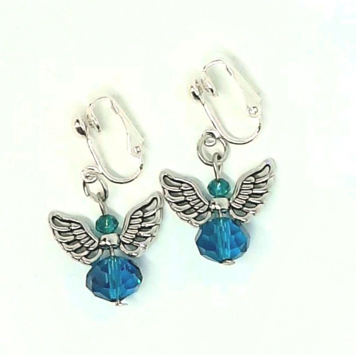 Teal Angel Earrings, Silver Pewter Wings, Comfort Clip-on or Pierced ...