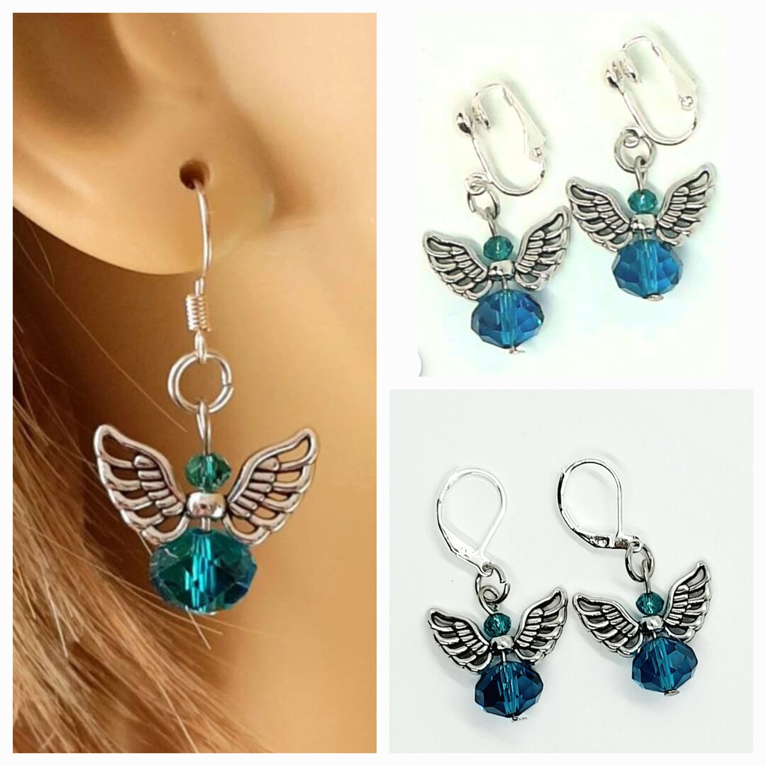 Angel Earrings, Clip on or Pierced, Blue Angel Earrings, Blue Crystal ...