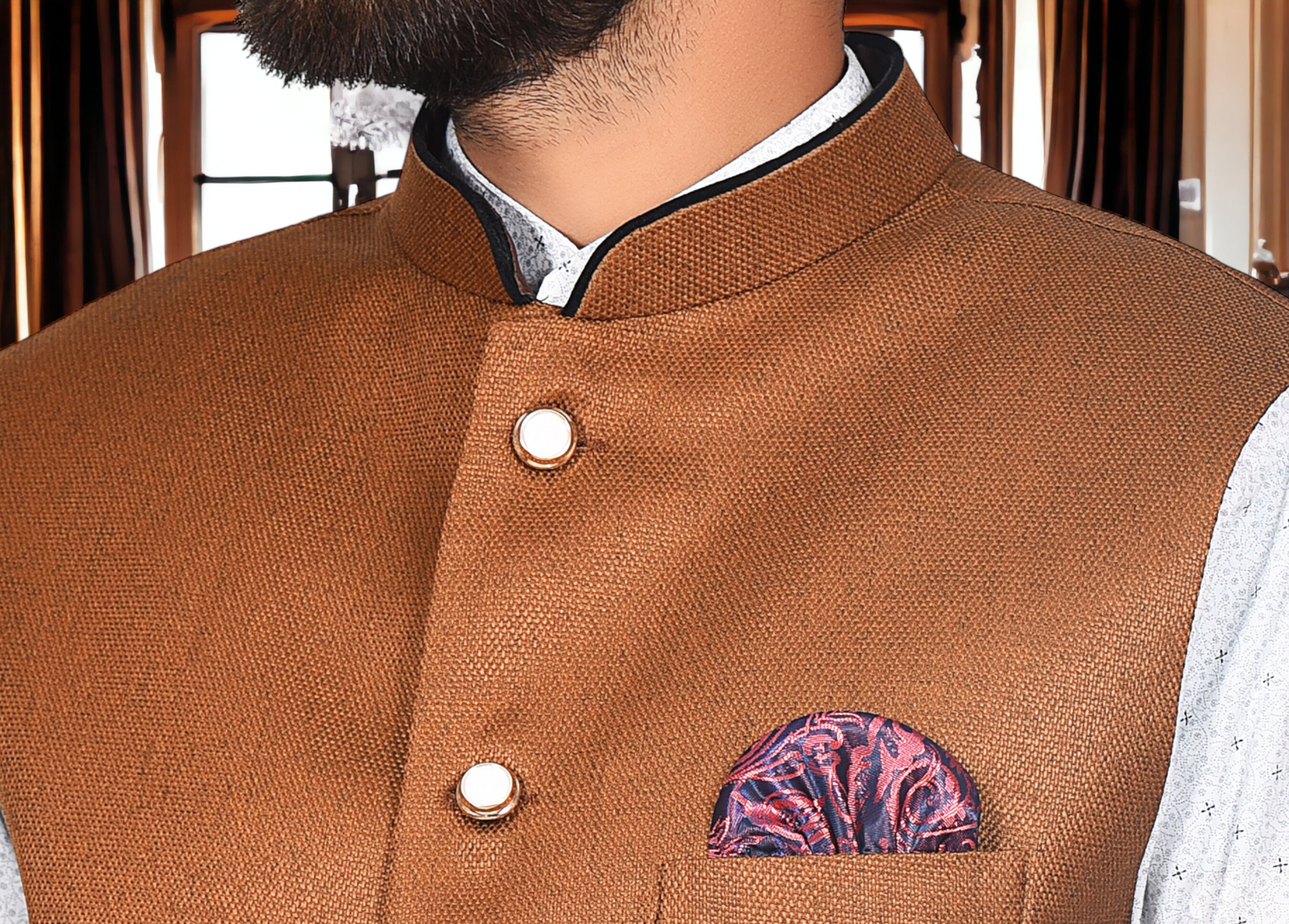Men Brown Traditional Jute Nehru Jacket Classic Indian Style Premium ...