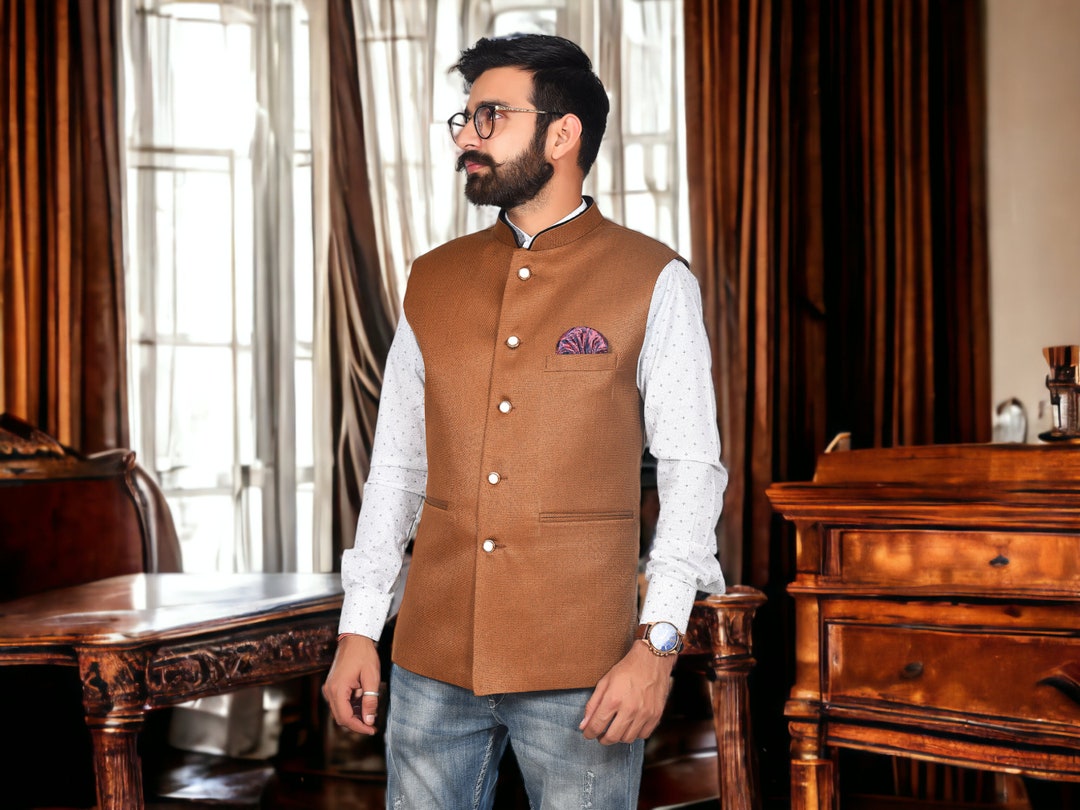 Men Brown Traditional Jute Nehru Jacket Classic Indian Style Premium ...